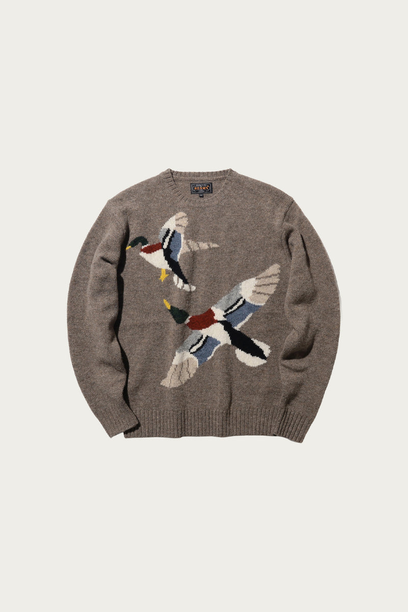 Beams+ Crew Intarsia Duck Pattern | Beige | Canoe Club